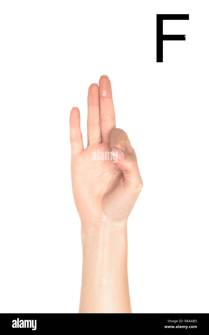female hand showing latin letter - F, sign language, isolated on white ...