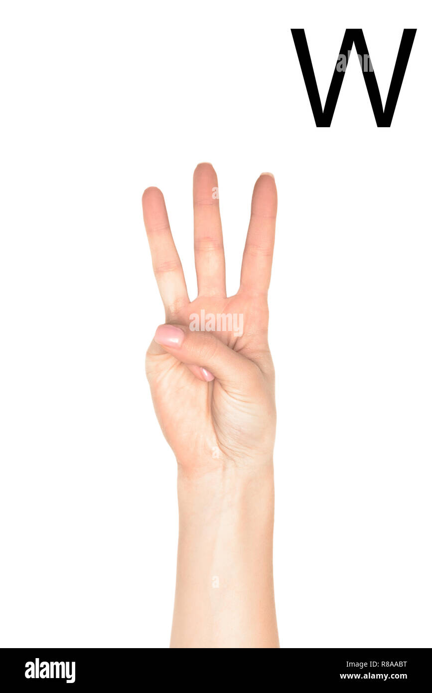 partial view of female hand showing latin letter - W, deaf and dumb ...