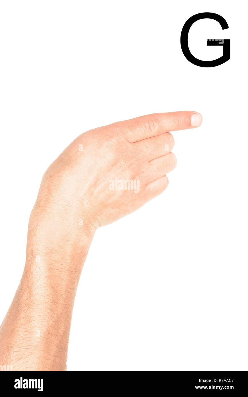 partial view of hand showing latin letter - G, deaf and dumb language ...