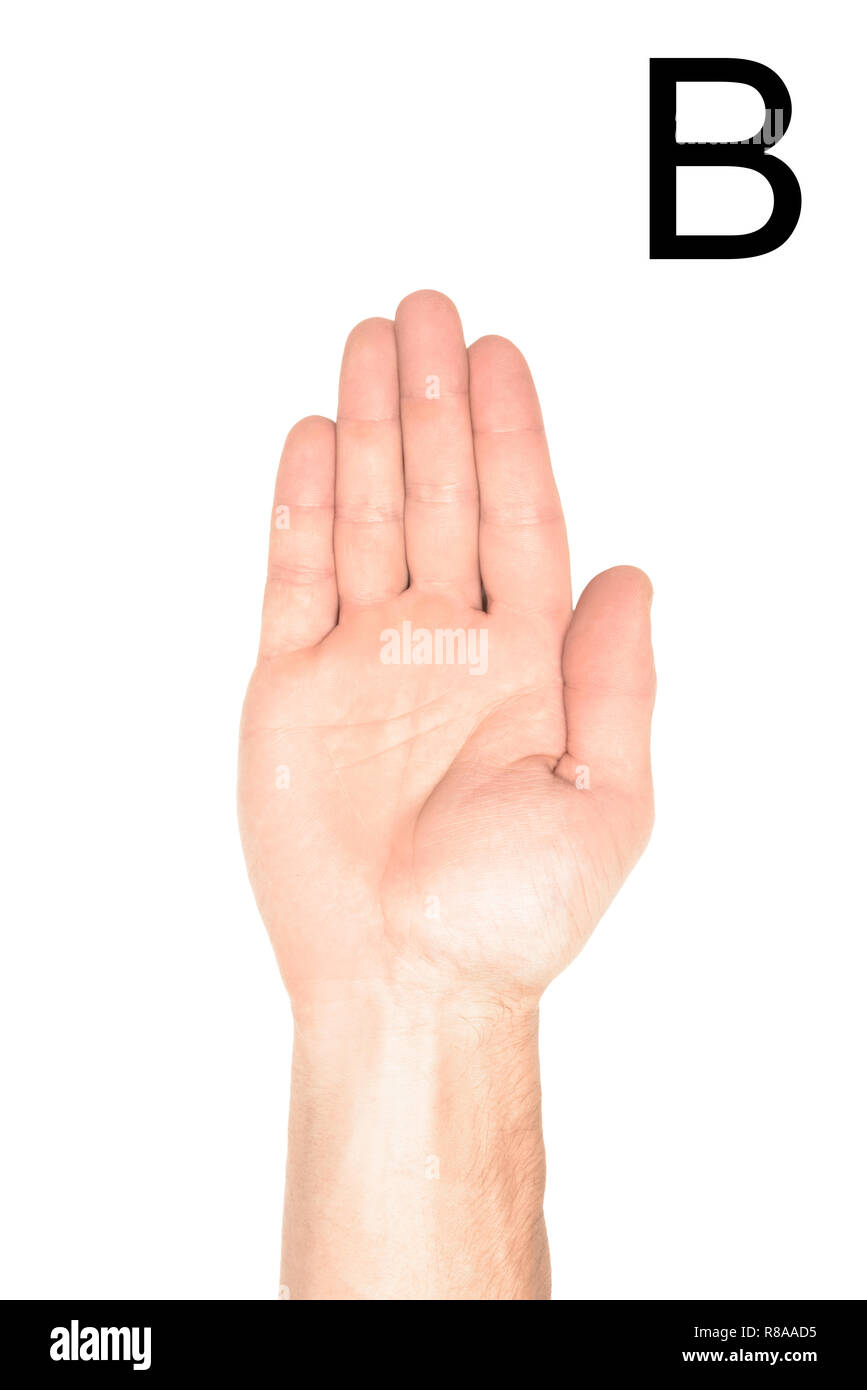 partial view of man showing cyrillic letter, sign language, isolated on ...