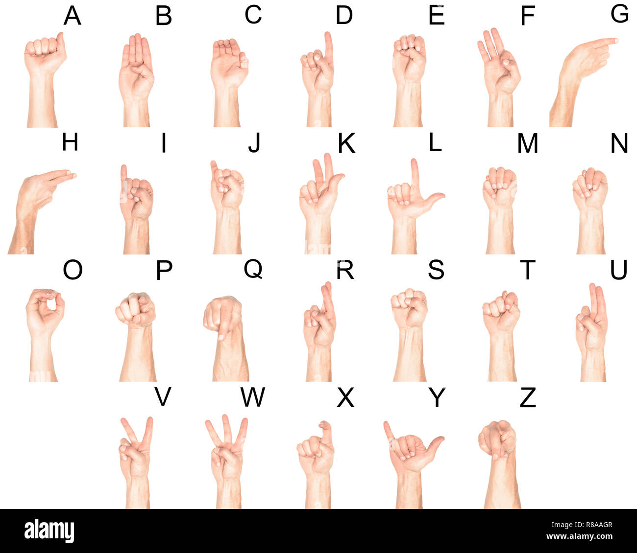 set of sign language with male hands and latin letters, isolated on ...
