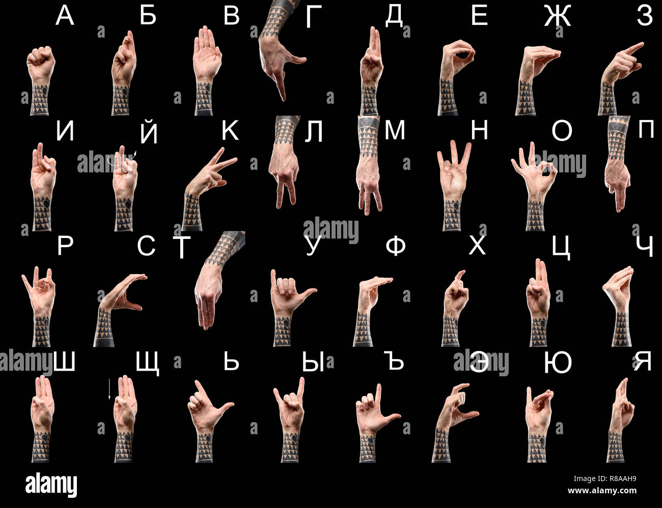 set of sign language with tattooed male hands and cyrillic letters ...