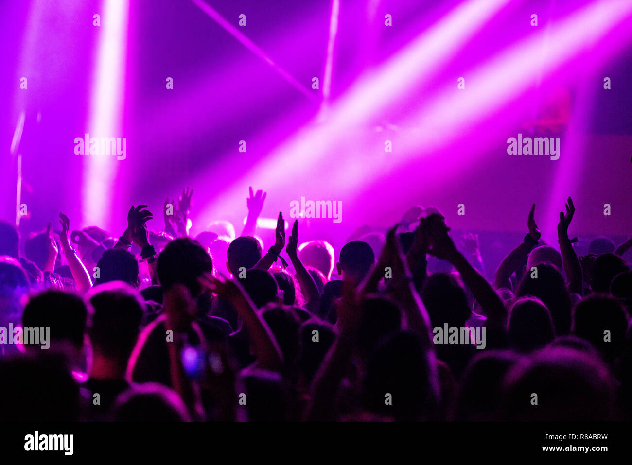 Audience, crowd with hands raised partying at a music festival. Stage ...