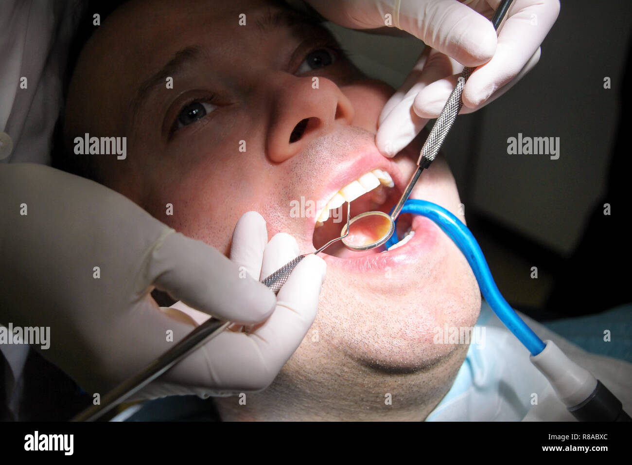 Dental check up. Dental checkup with dental tools probe, mirror and ...