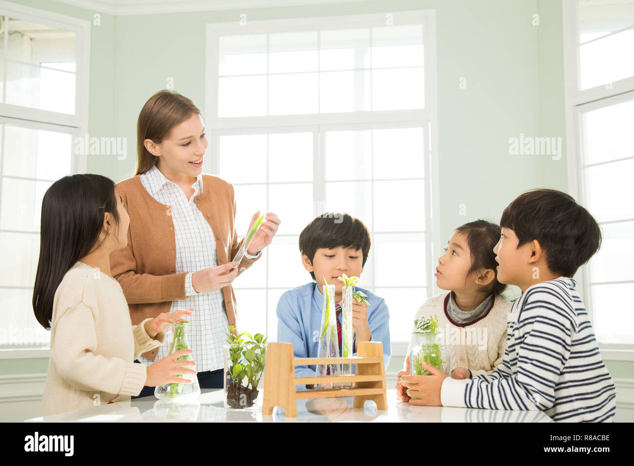 Young Students In Biology Class With A Female Teacher Stock Photo - Alamy