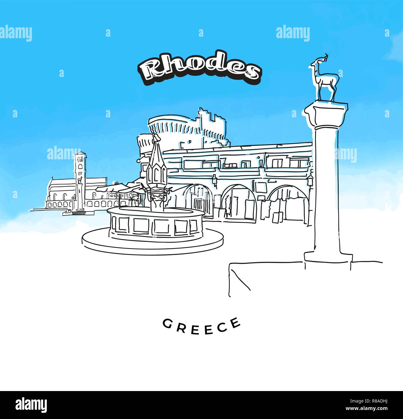 Rhodes Greece famous landmarks. Hand-drawn vector illustration. Famous ...