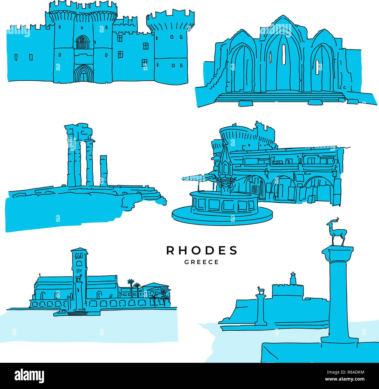 Rhodes Greece landmarks drawings filled. Hand-drawn vector illustration ...