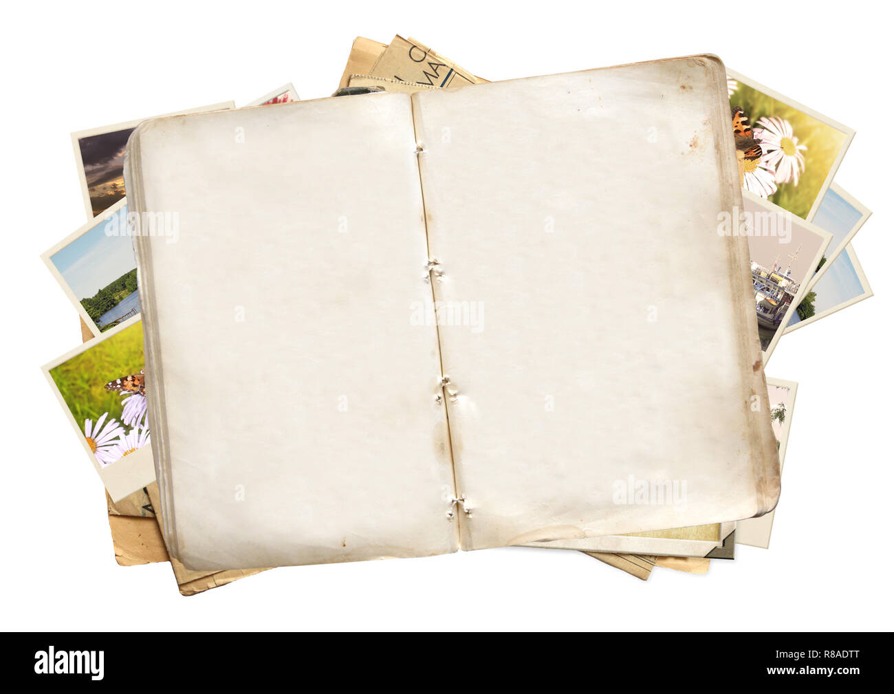 Old book and photos. Objects isolated over white Stock Photo - Alamy