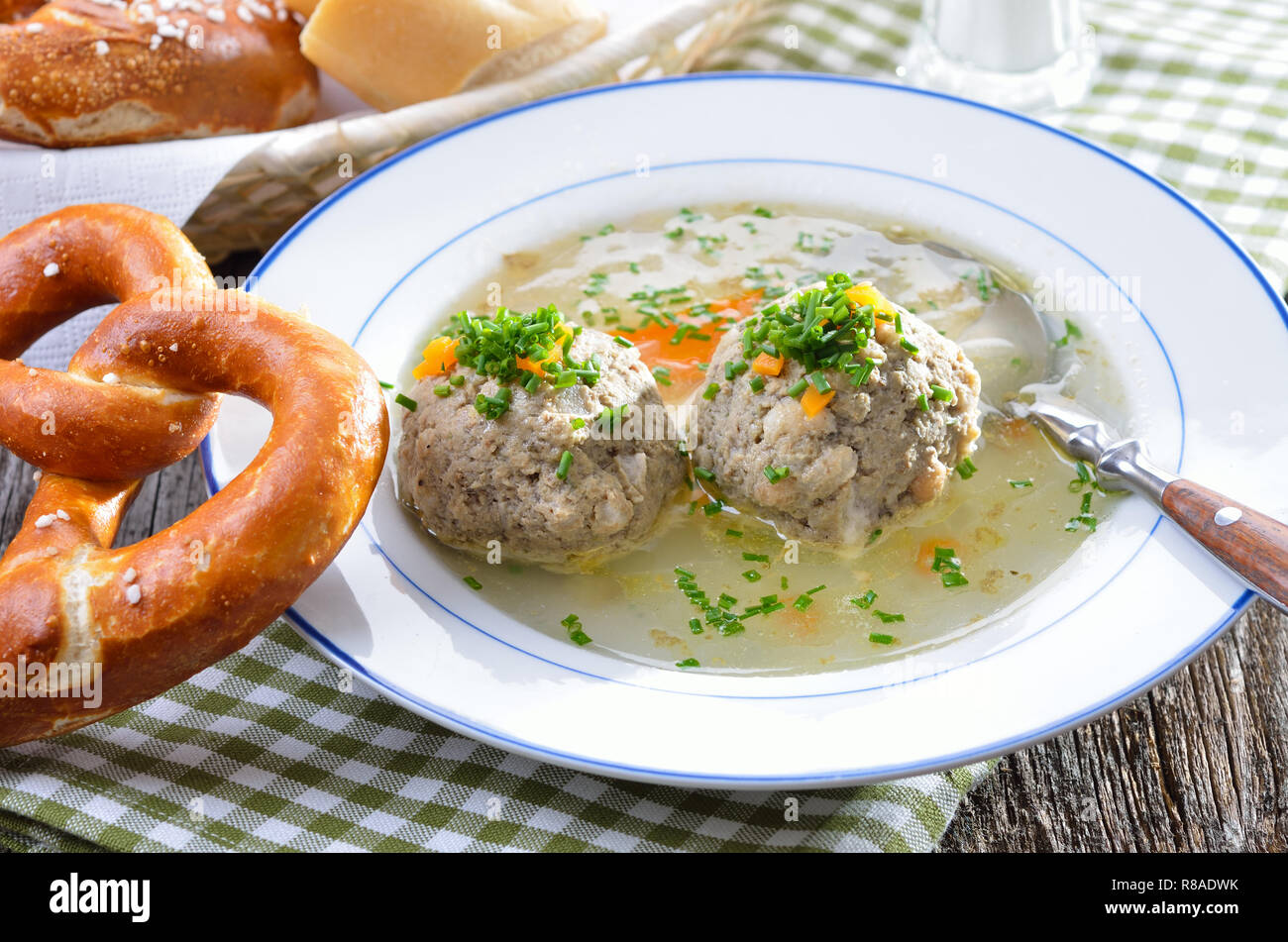 Delicious typical Bavarian soup with liver dumplings Stock Photo - Alamy