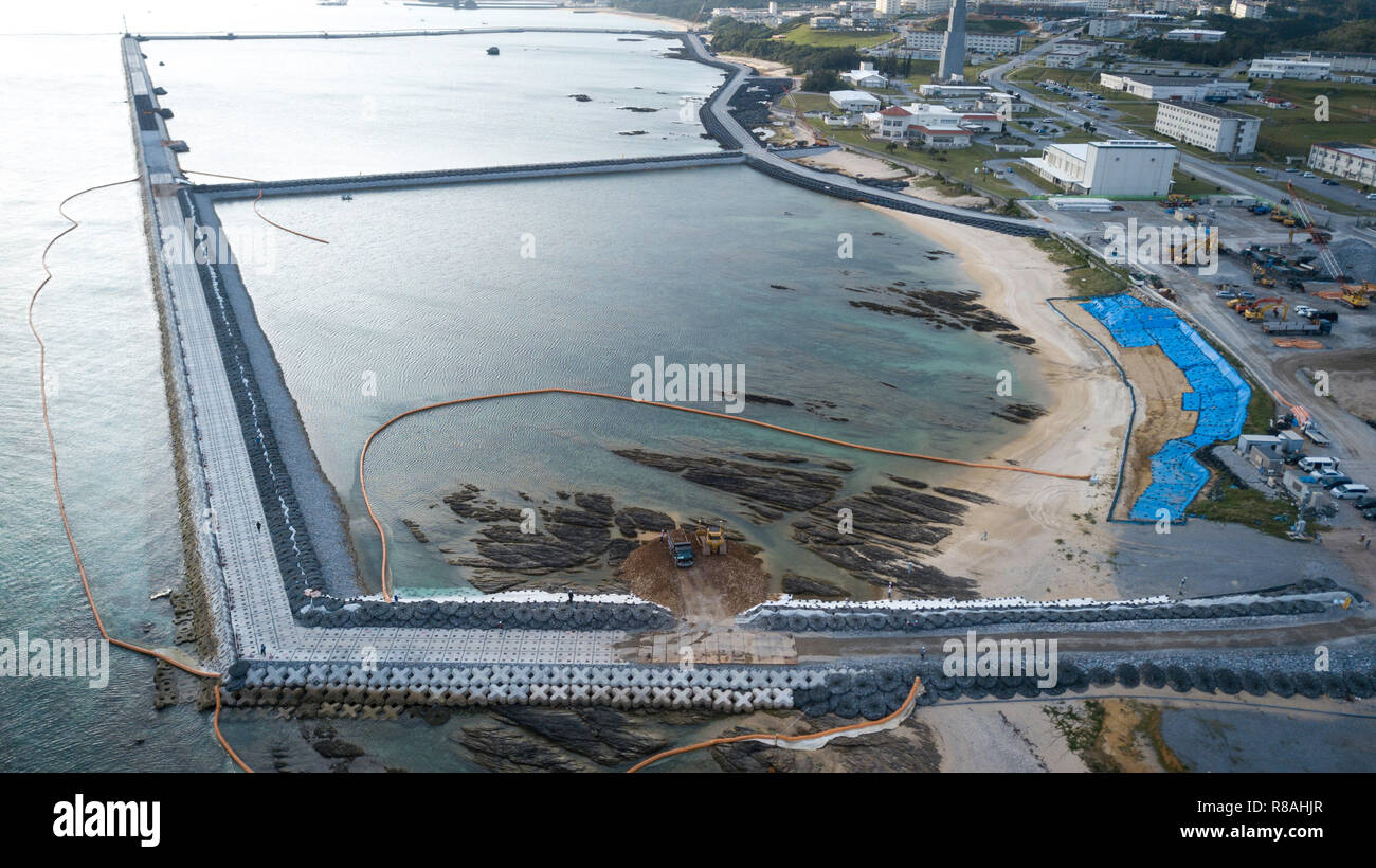 OKINAWA, JAPAN - DECEMBER 14: In this aerial image, land reclamation ...