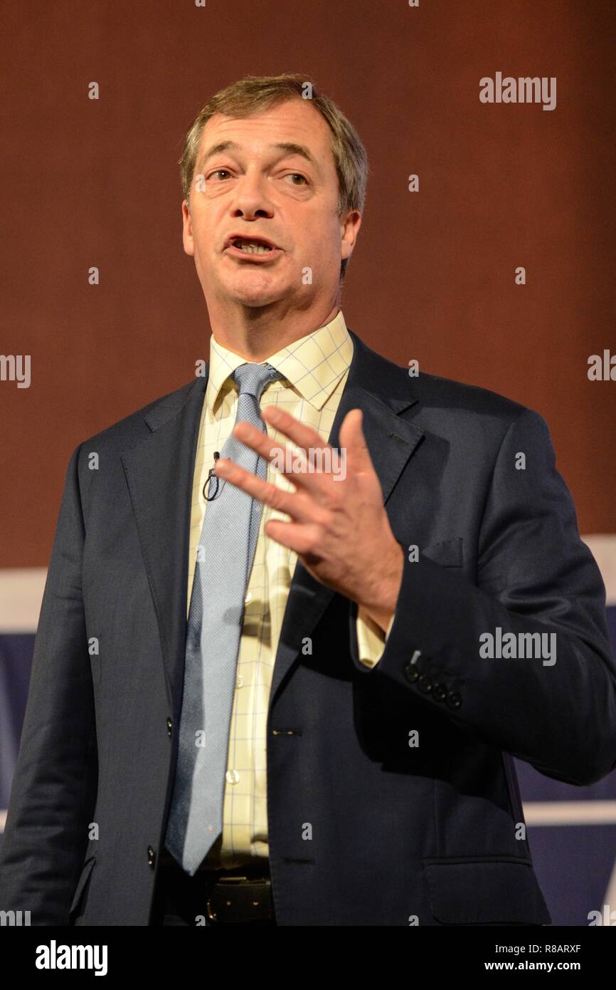 London, UK. 14th December 2018: Nigel Farage speaking at Leave means ...