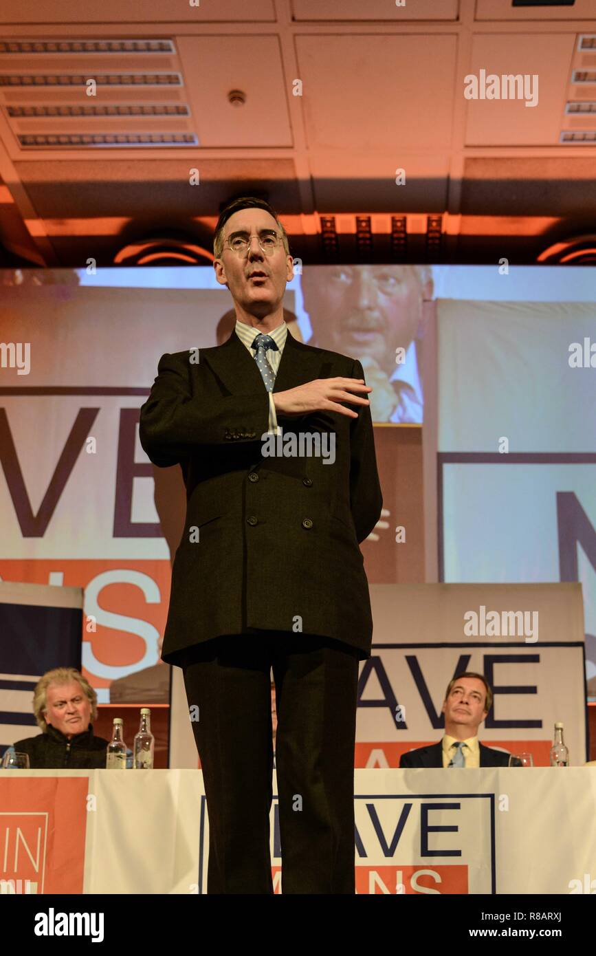 London, UK. 14th December 2018: Jacob Rees - Mogg speaking at Leave ...