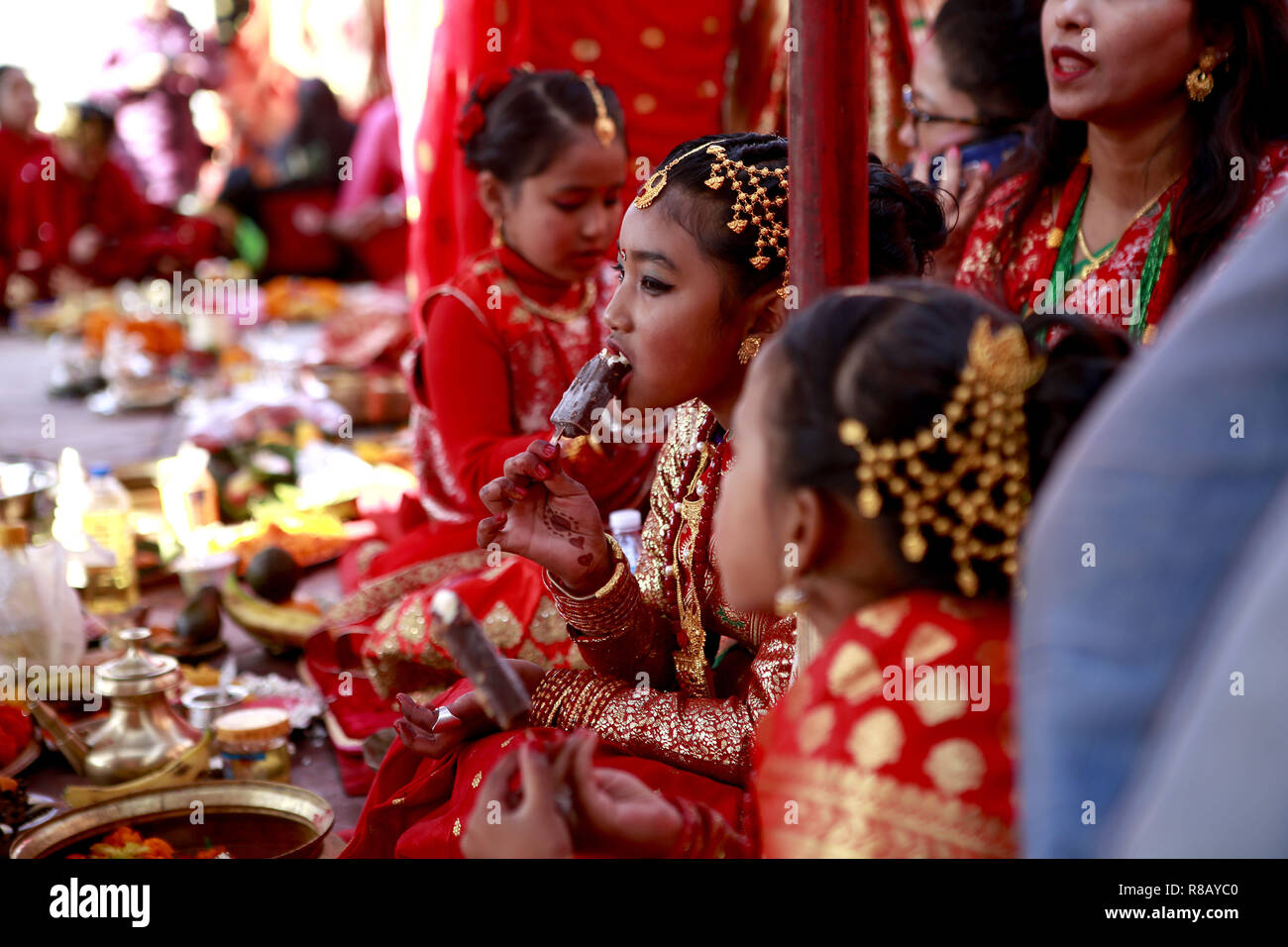 Kathmandu, Nepal. 15th Dec, 2018. Newar girls in bridal dresses are ...
