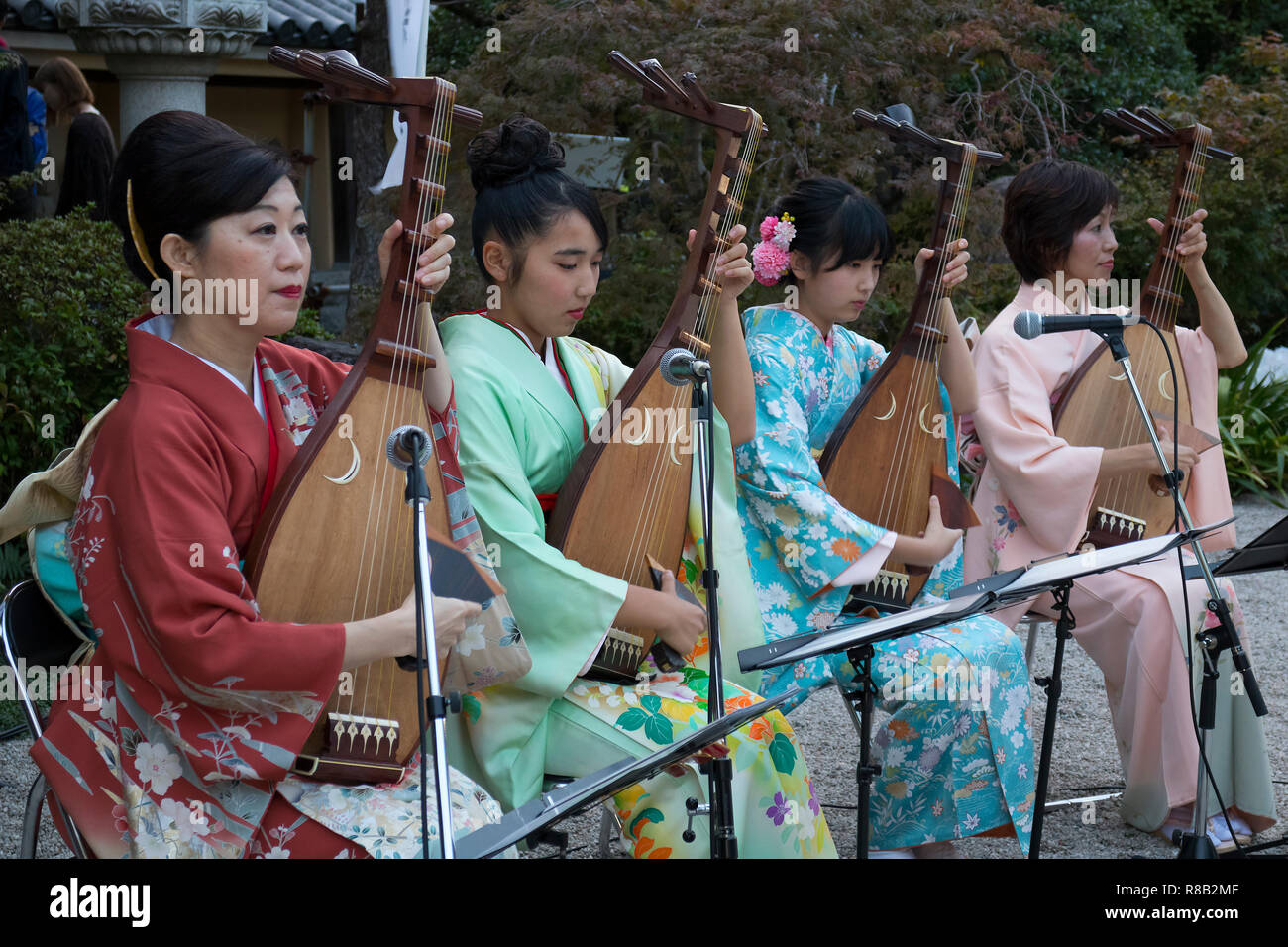 Fukuoka, Japan - October 20, 2018: Ladies band in kimono playing the ...