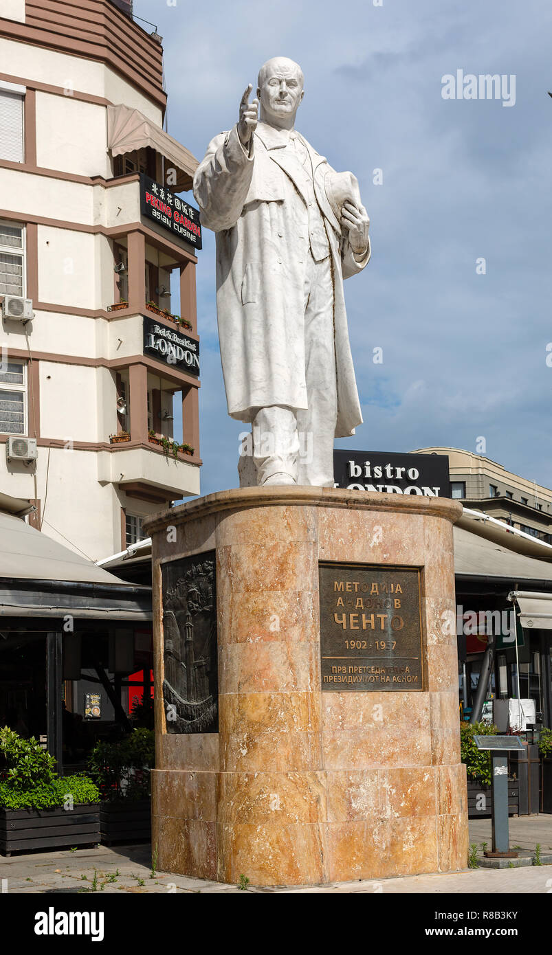 Skopje, Macedonia, June 10, 2018: Marble sculpture of Metodija Andonov ...