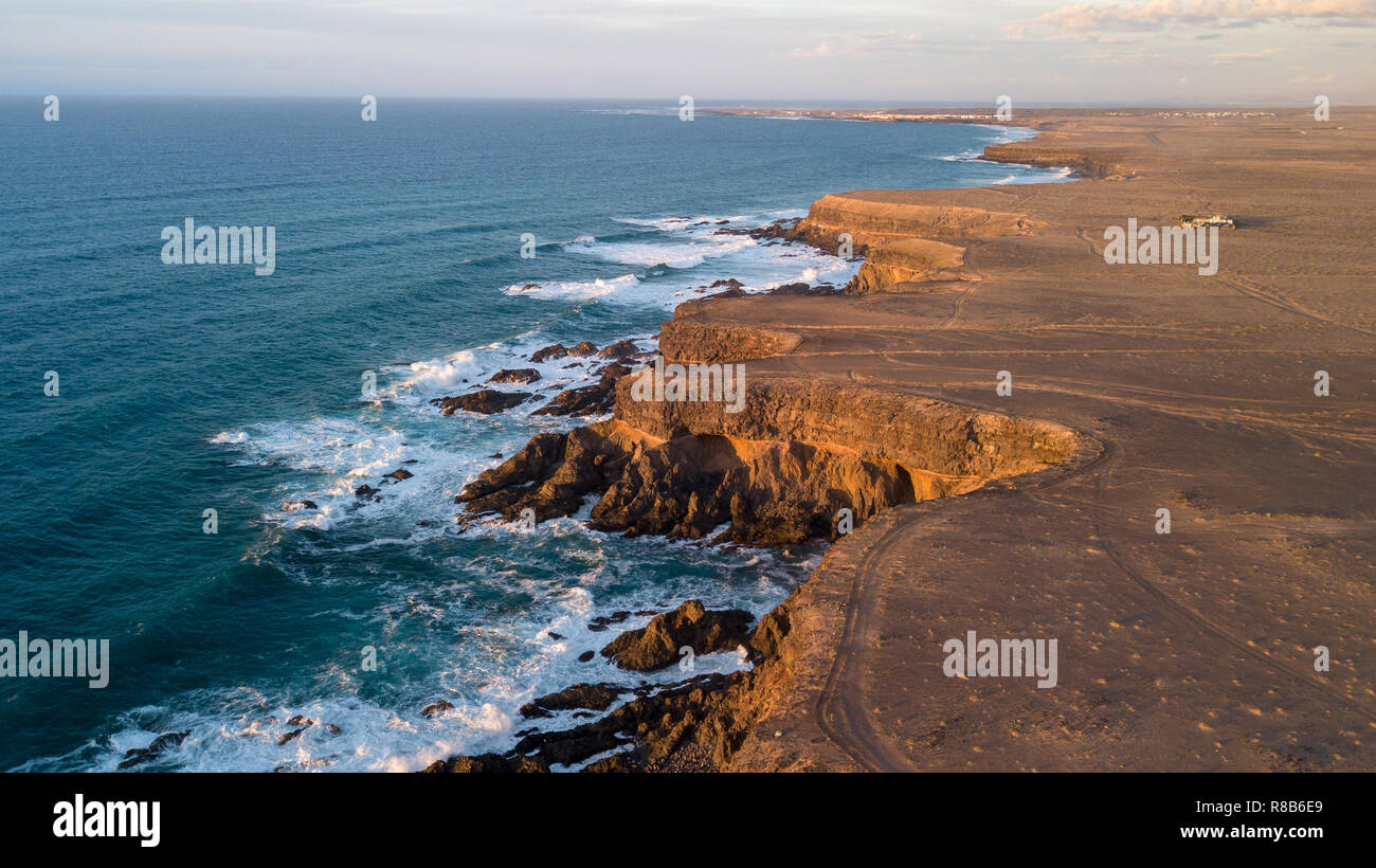 aerial view west coast of Fuerteventura at sunset, canary islands Stock ...