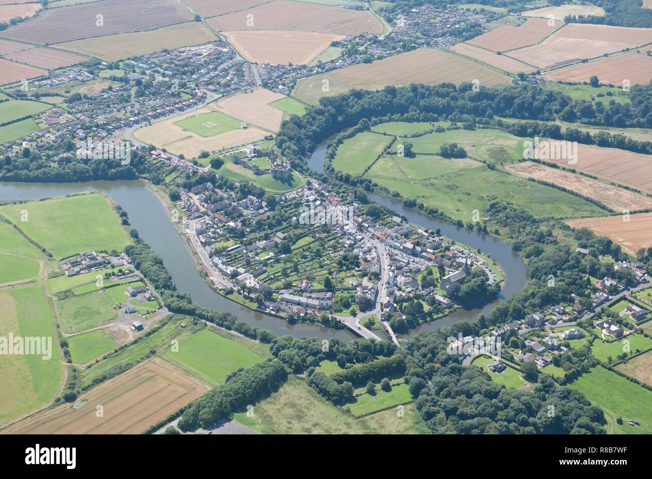 Aerial View Of Warkworth Castle And Village Stock Photos & Aerial View ...