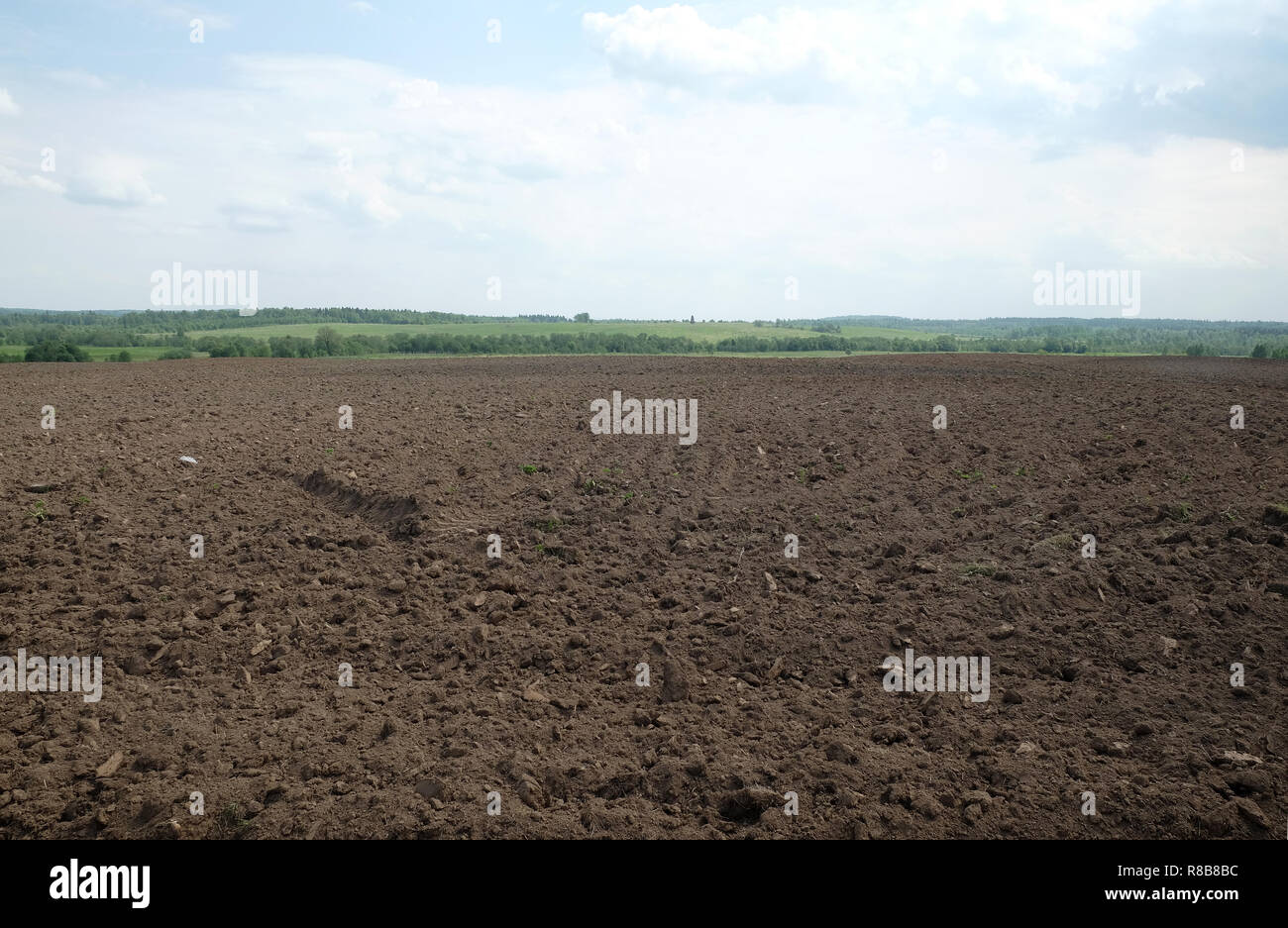 Nature landscape with plowed field and forest far away on skyline in ...