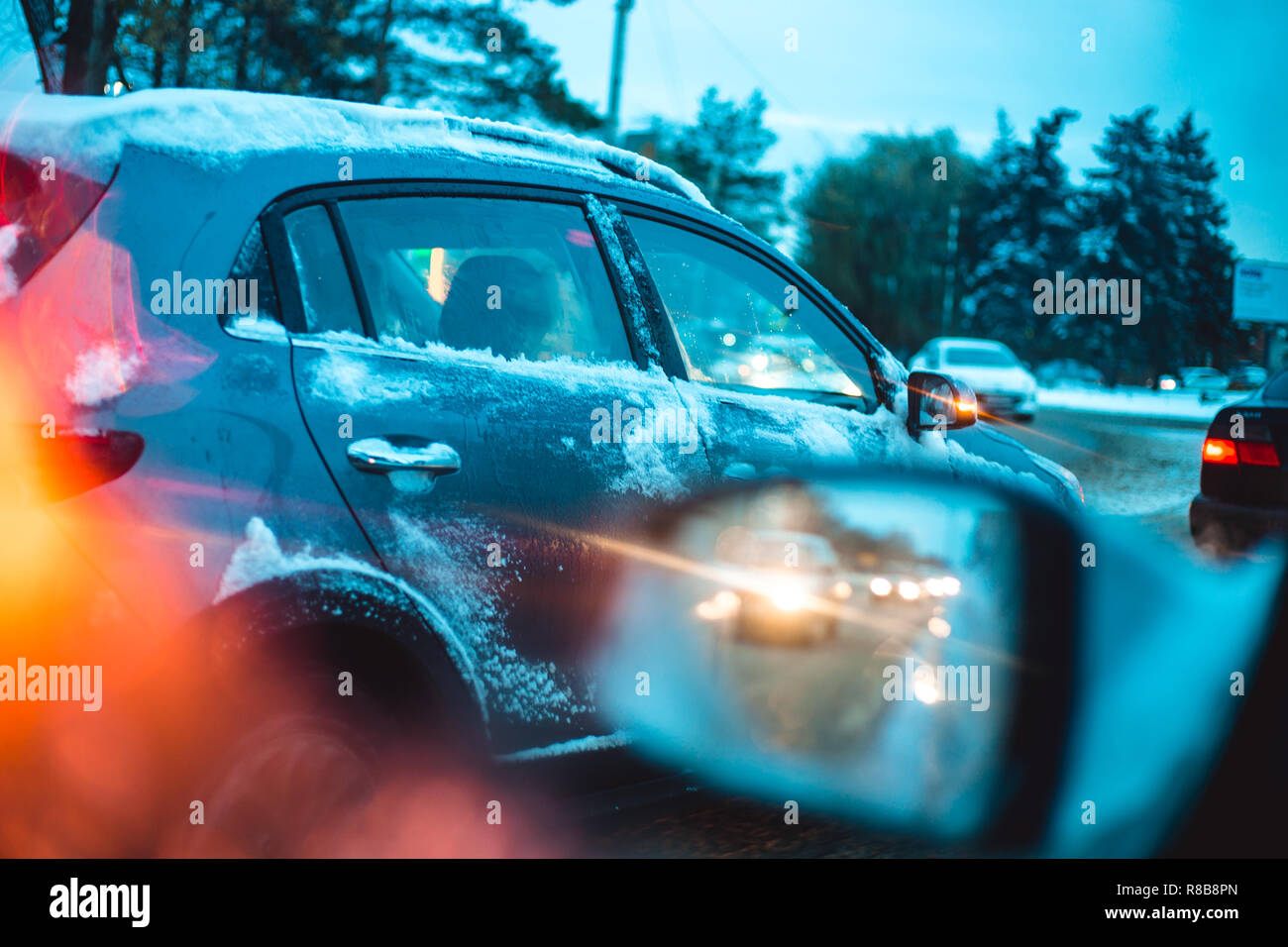 Car traffic in the early winter morning, view from the car window Stock ...