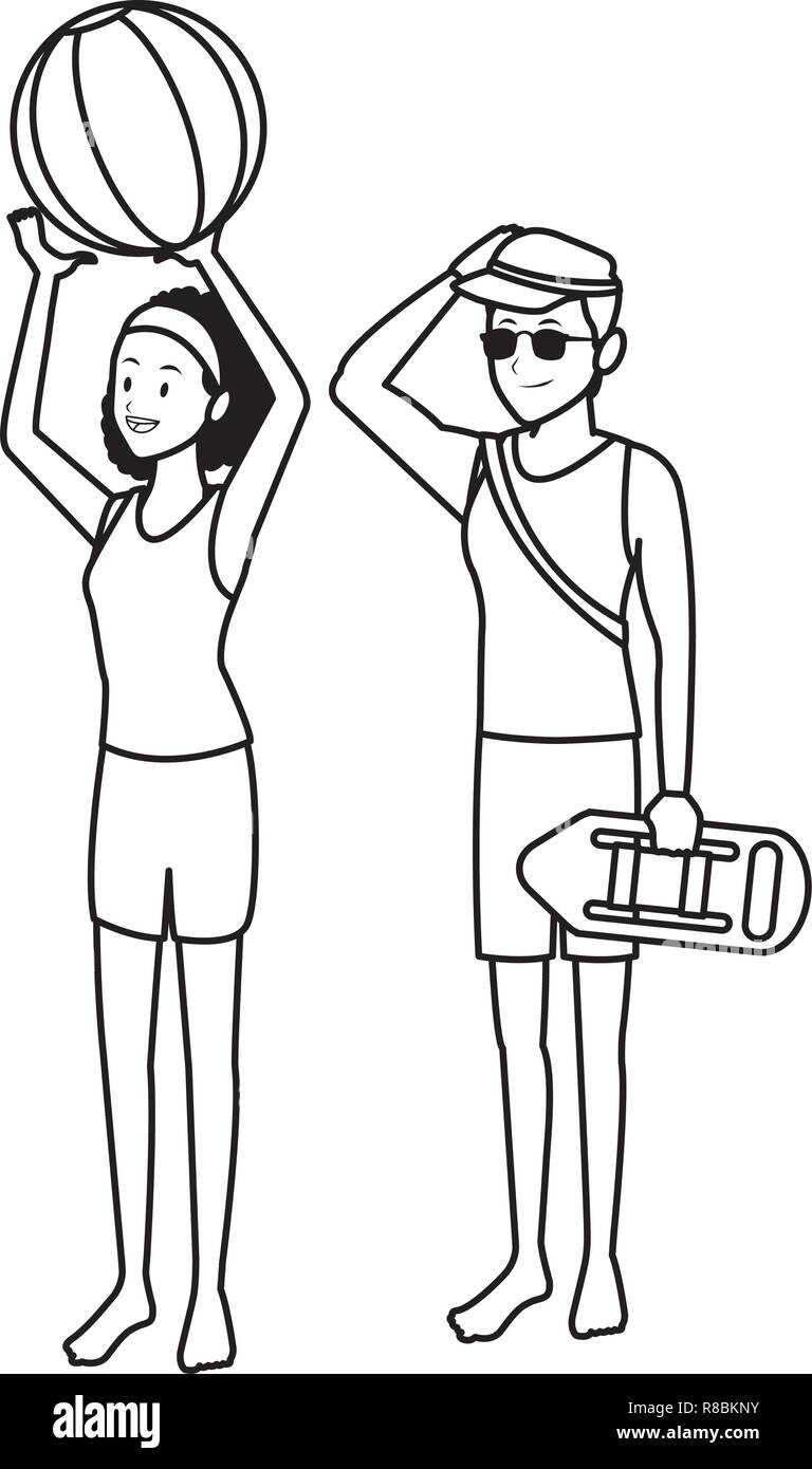 lifeguard with woman and beach ball black and white Stock Vector Image ...