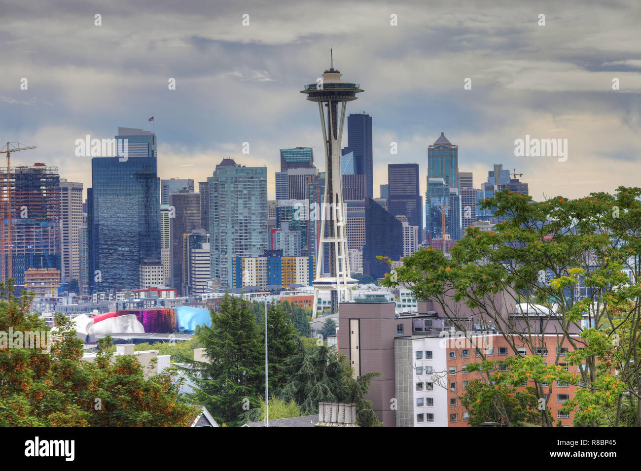 The Seattle, Washington skyline with a cloudy sky Stock Photo - Alamy