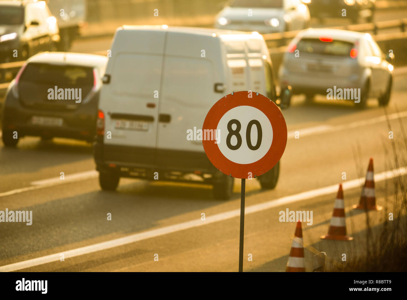 Heavy morning city traffic/congestion concept - cars going very slowly ...
