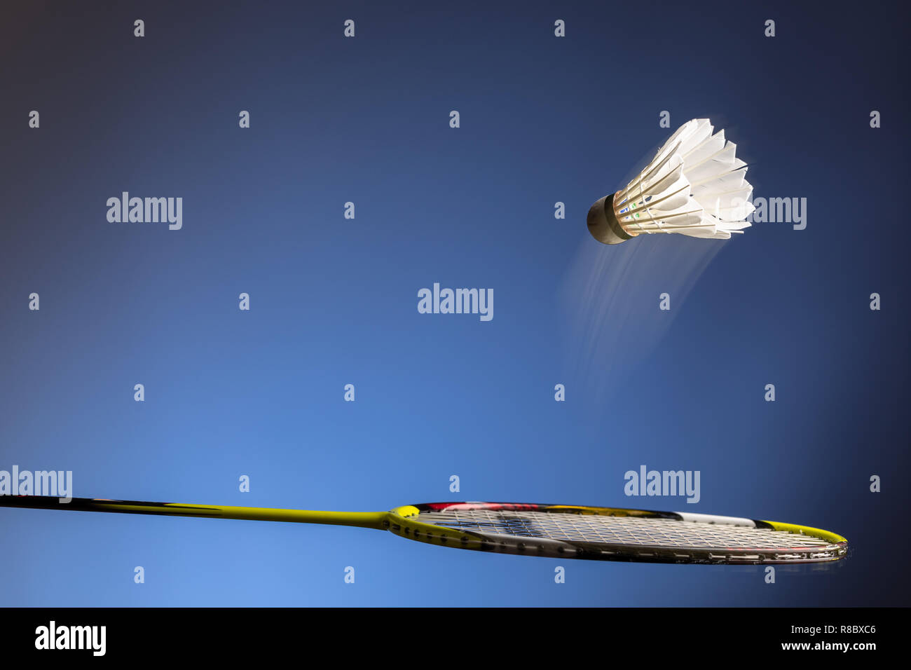 Badminton racket and shuttlecock in motion closeup Stock Photo - Alamy