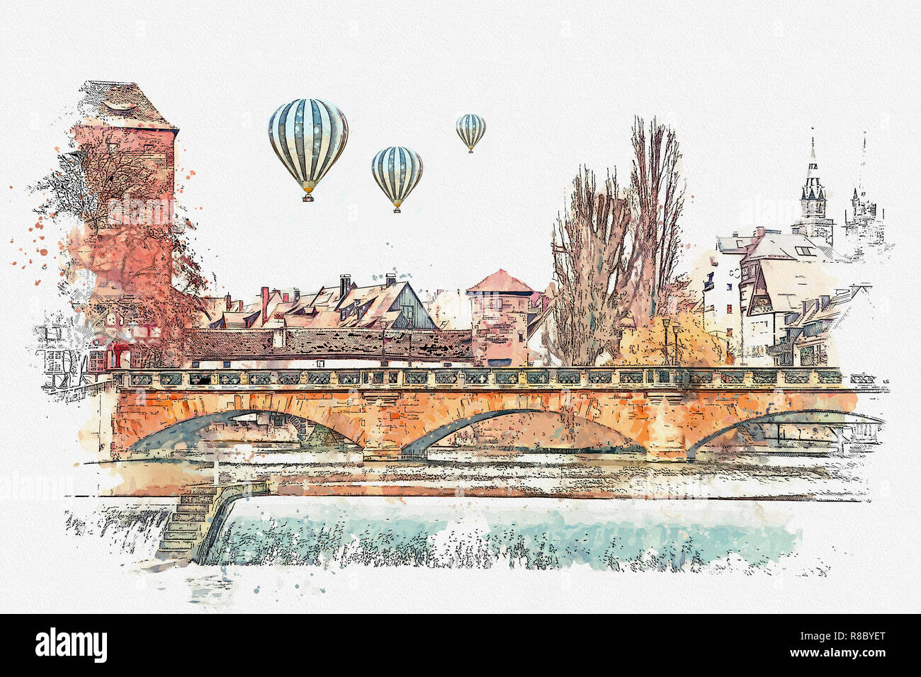 A watercolor sketch or an illustration of traditional German ...