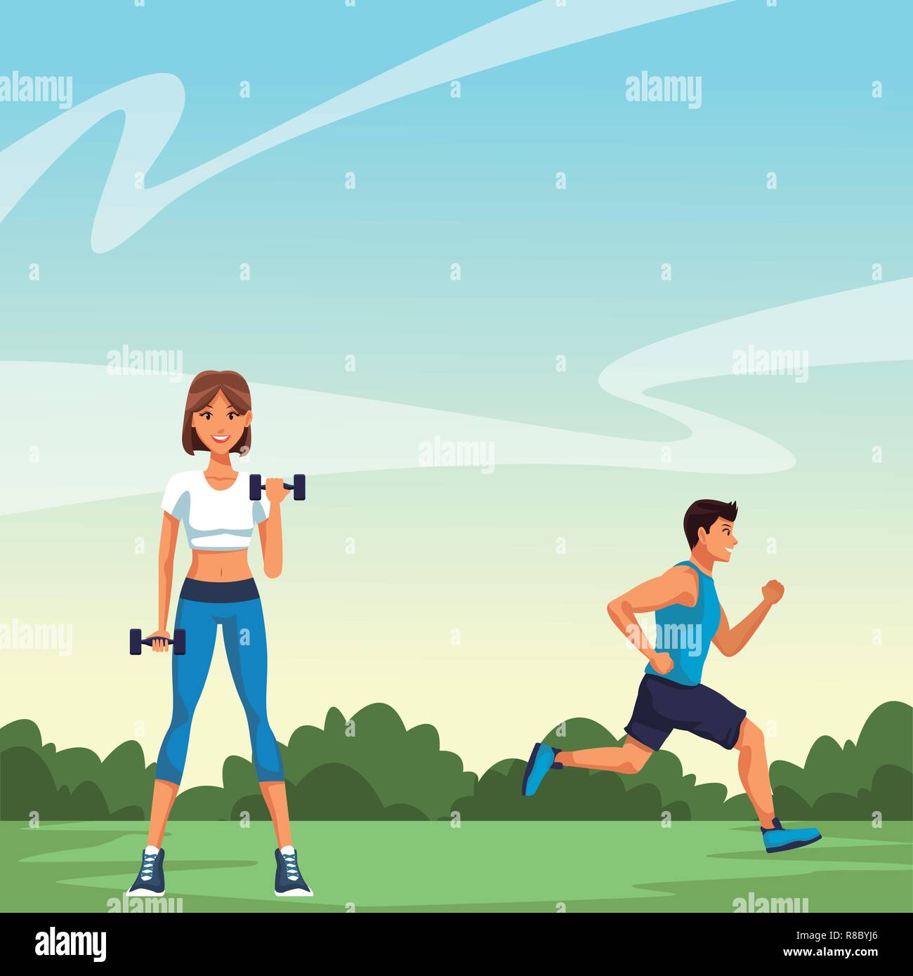 fitness woman lifting dumbbells and man running Stock Vector Image ...