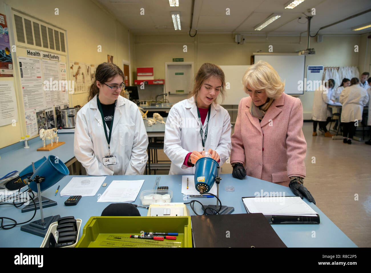 The Duchess of Cornwall speaks to students Chole Louise Jones (left ...