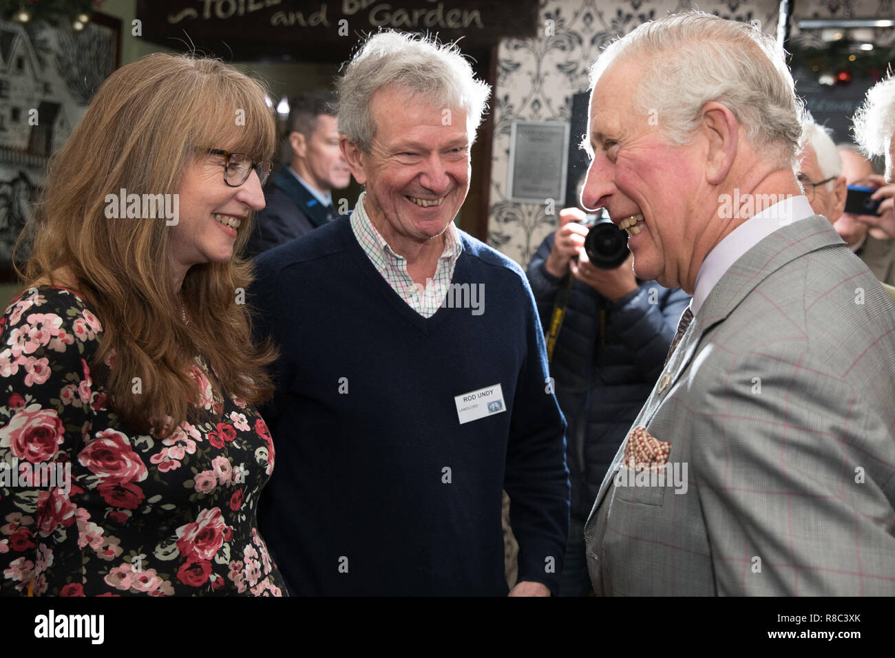 The Prince of Wales talks to pub owners Karen McGeogh and Rod Undy as ...