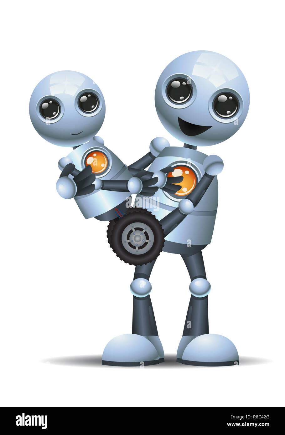 illustration of a happy little robot carry baby little robot on ...