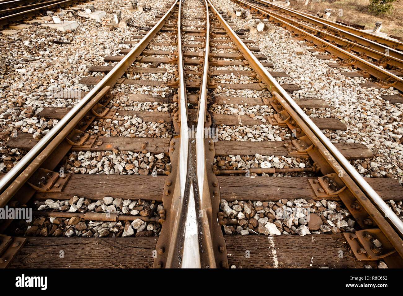 Railway in fog on station, outdoor landscape Stock Photo - Alamy