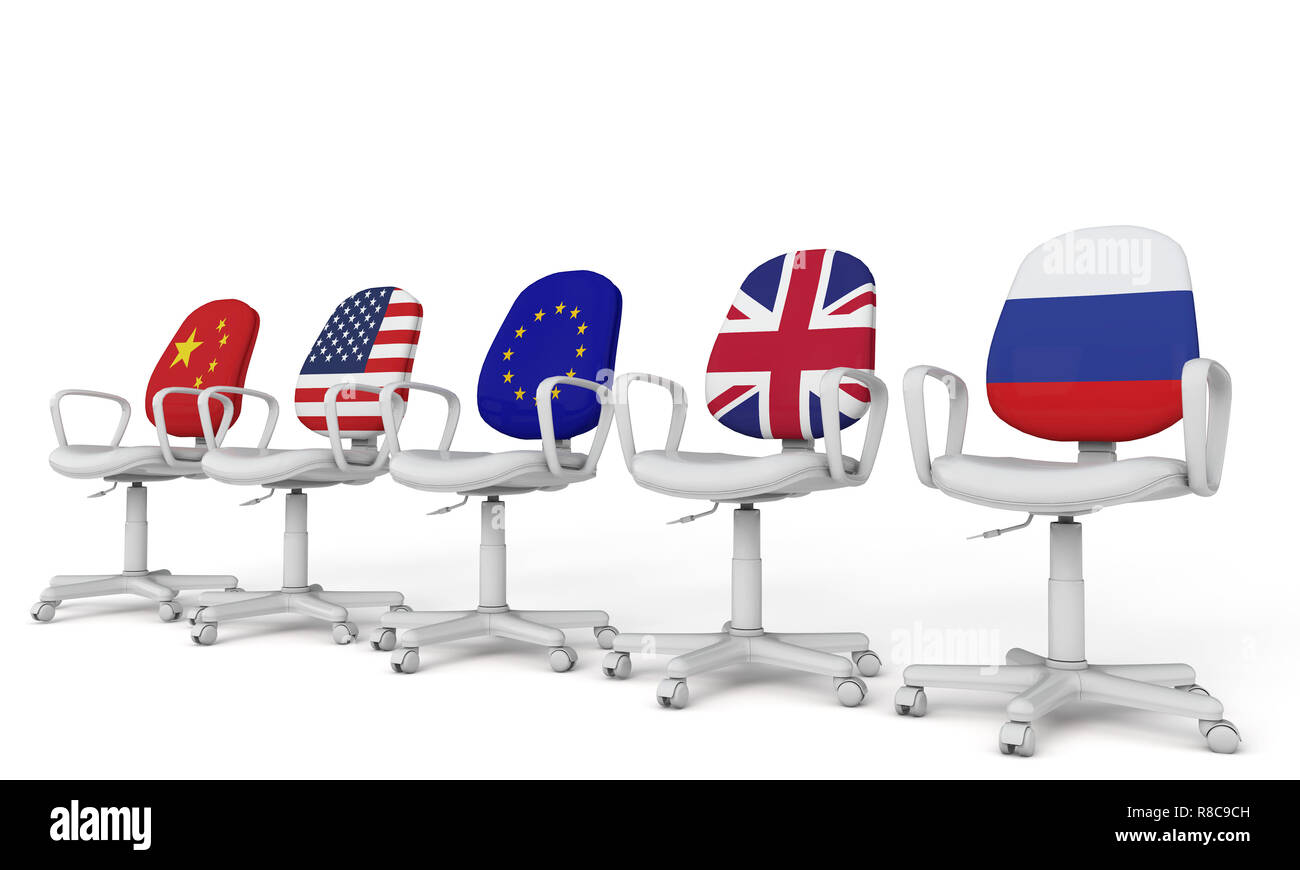 A row of chairs with international flags. Global politics concept. 3D ...