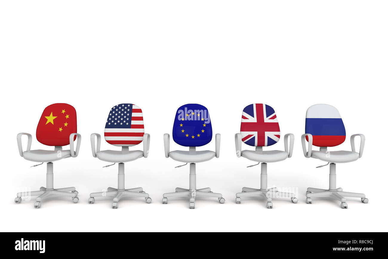 A row of chairs with international flags. Global politics concept. 3D ...