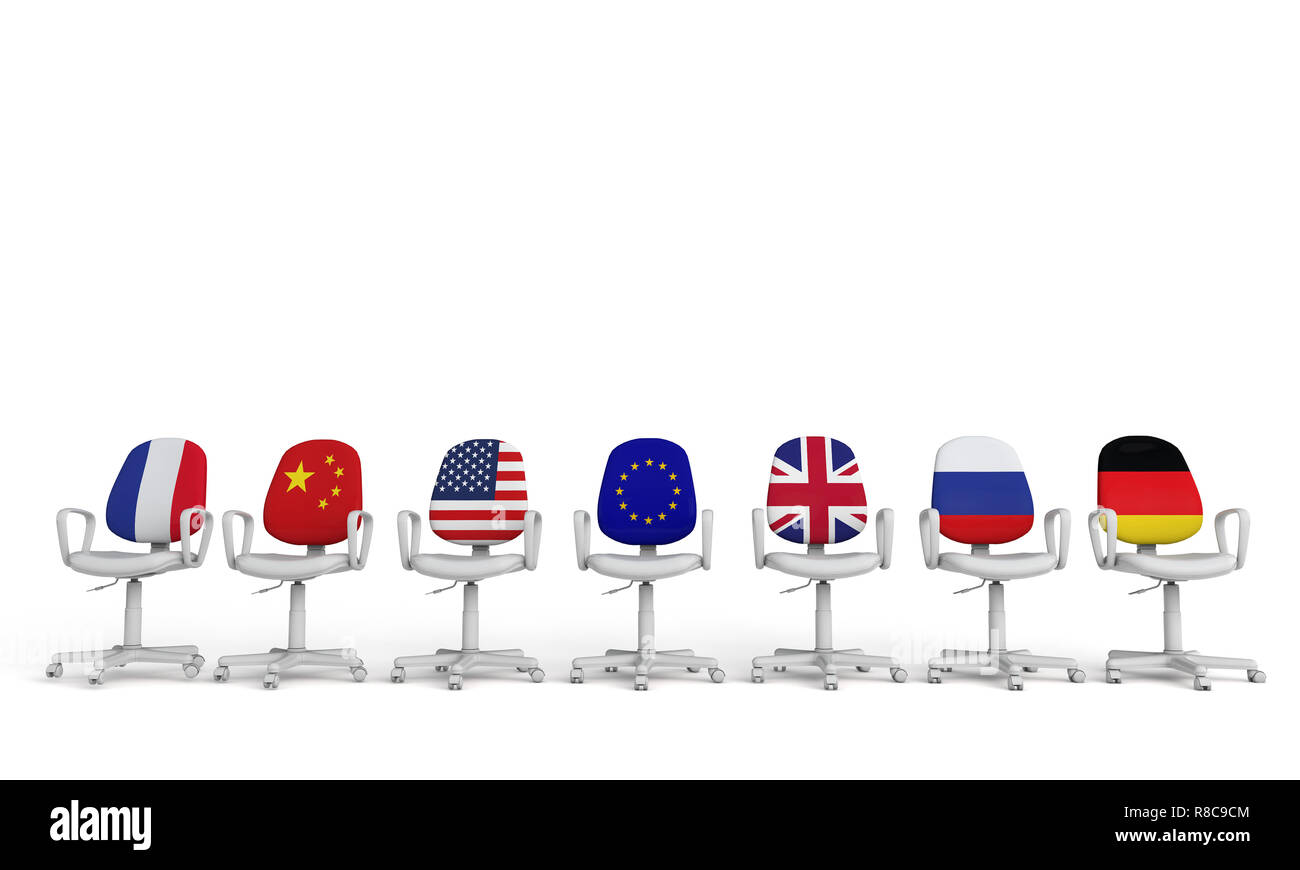 A row of chairs with international flags. Global politics concept. 3D ...