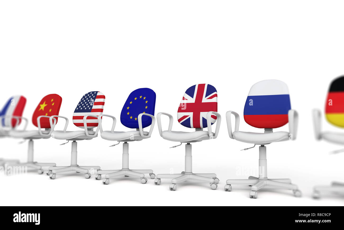 A row of chairs with international flags. Global politics concept. 3D ...