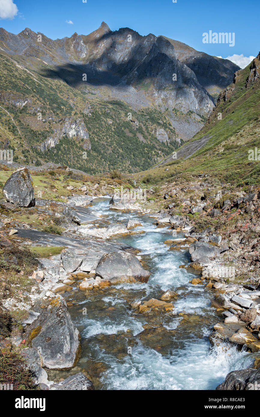 River en route to Lemithang, Gasa District, Snowman Trek, Bhutan Stock ...