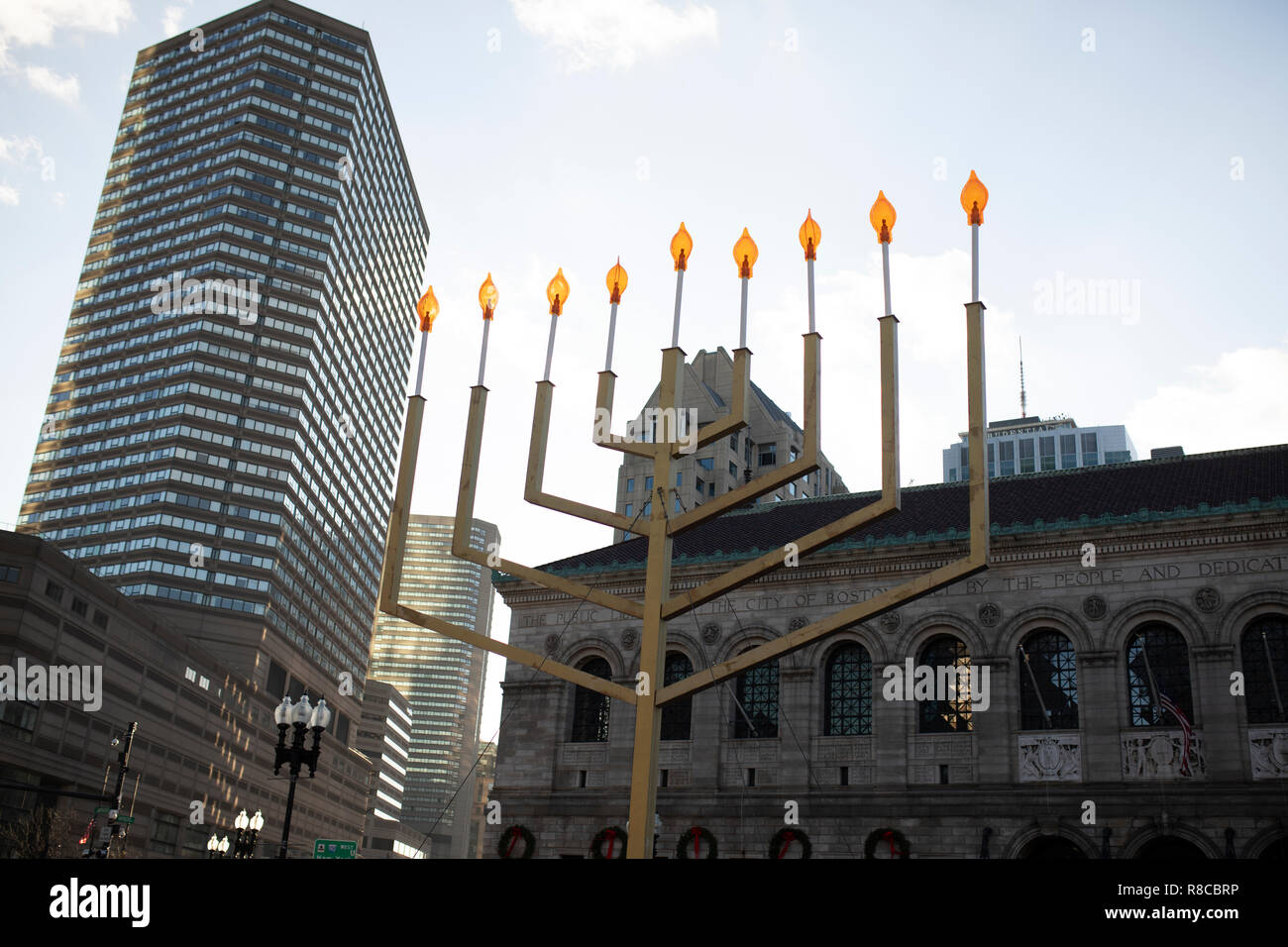 A giant menorah on display for Hanukkah in Copley Plaza in downtown ...
