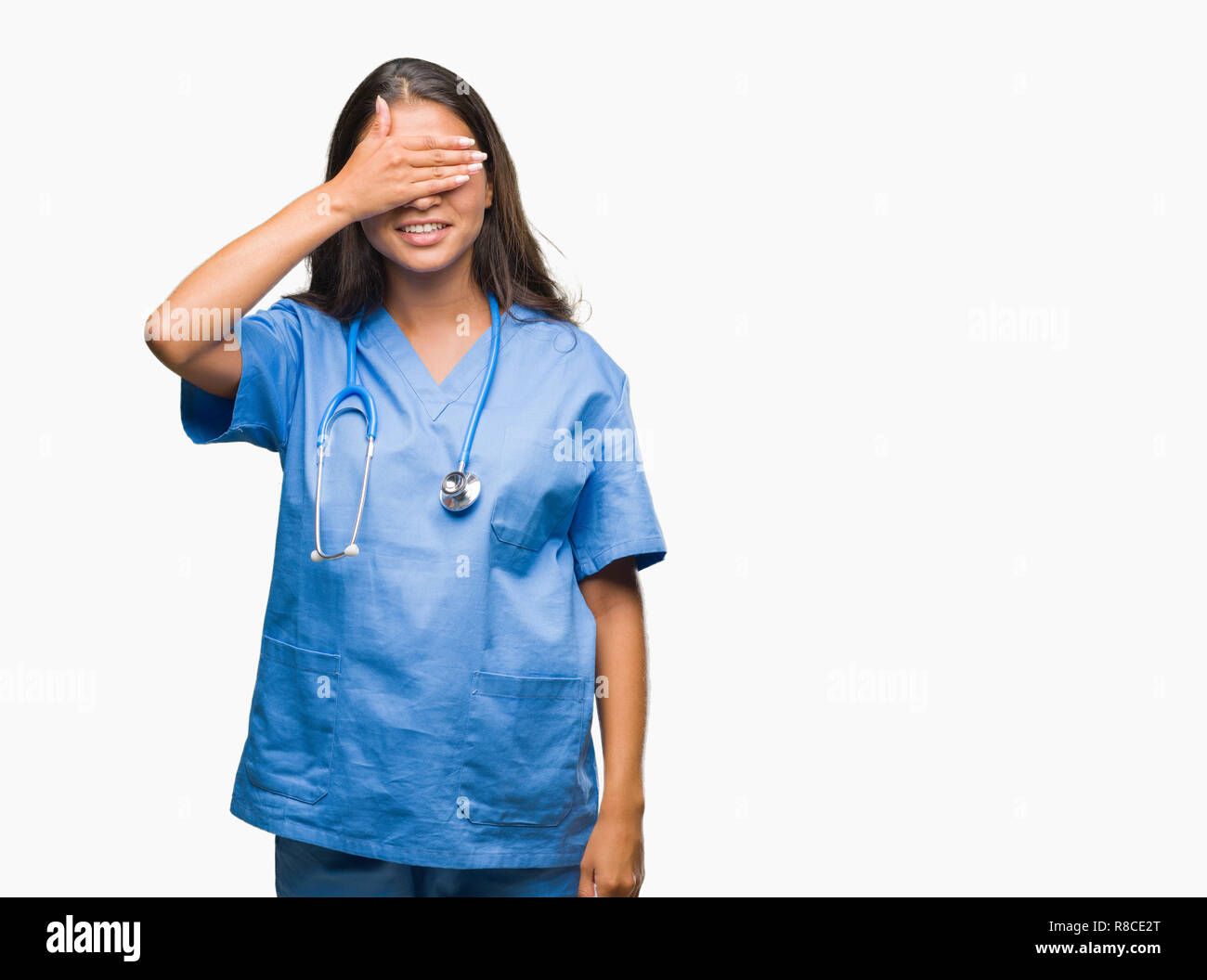 Young arab doctor surgeon woman over isolated background smiling and ...