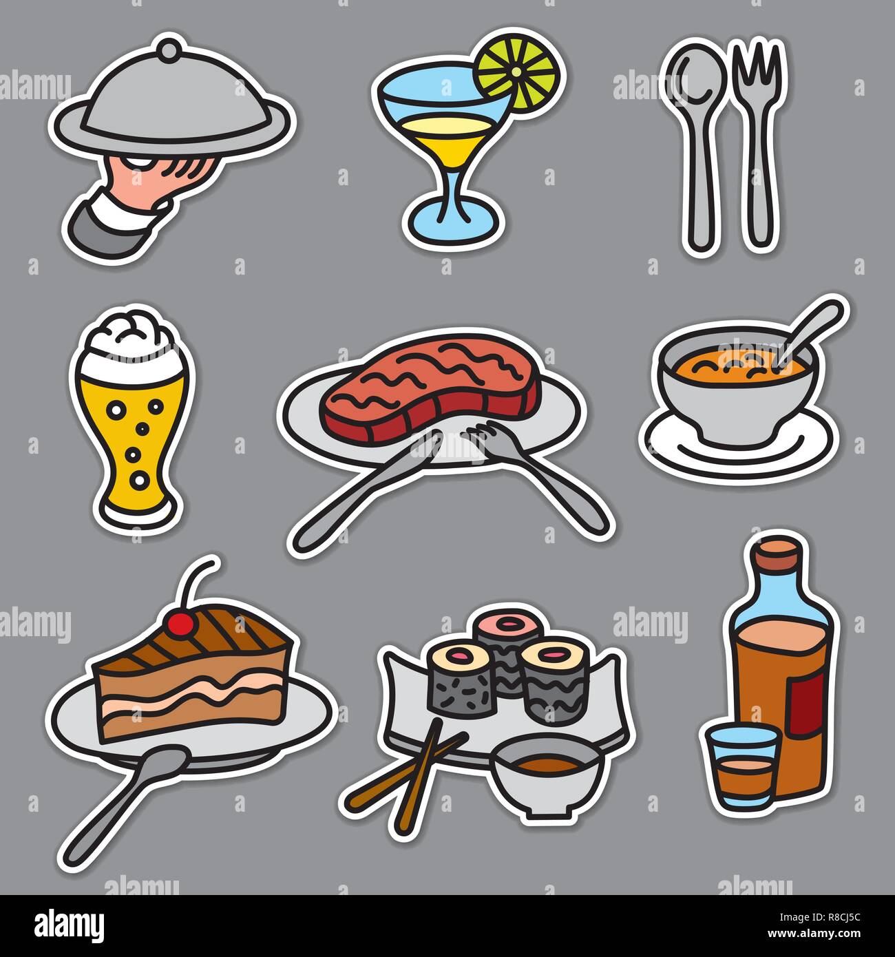 set of stickers of restaurant and cafe food and dishes Stock Vector ...