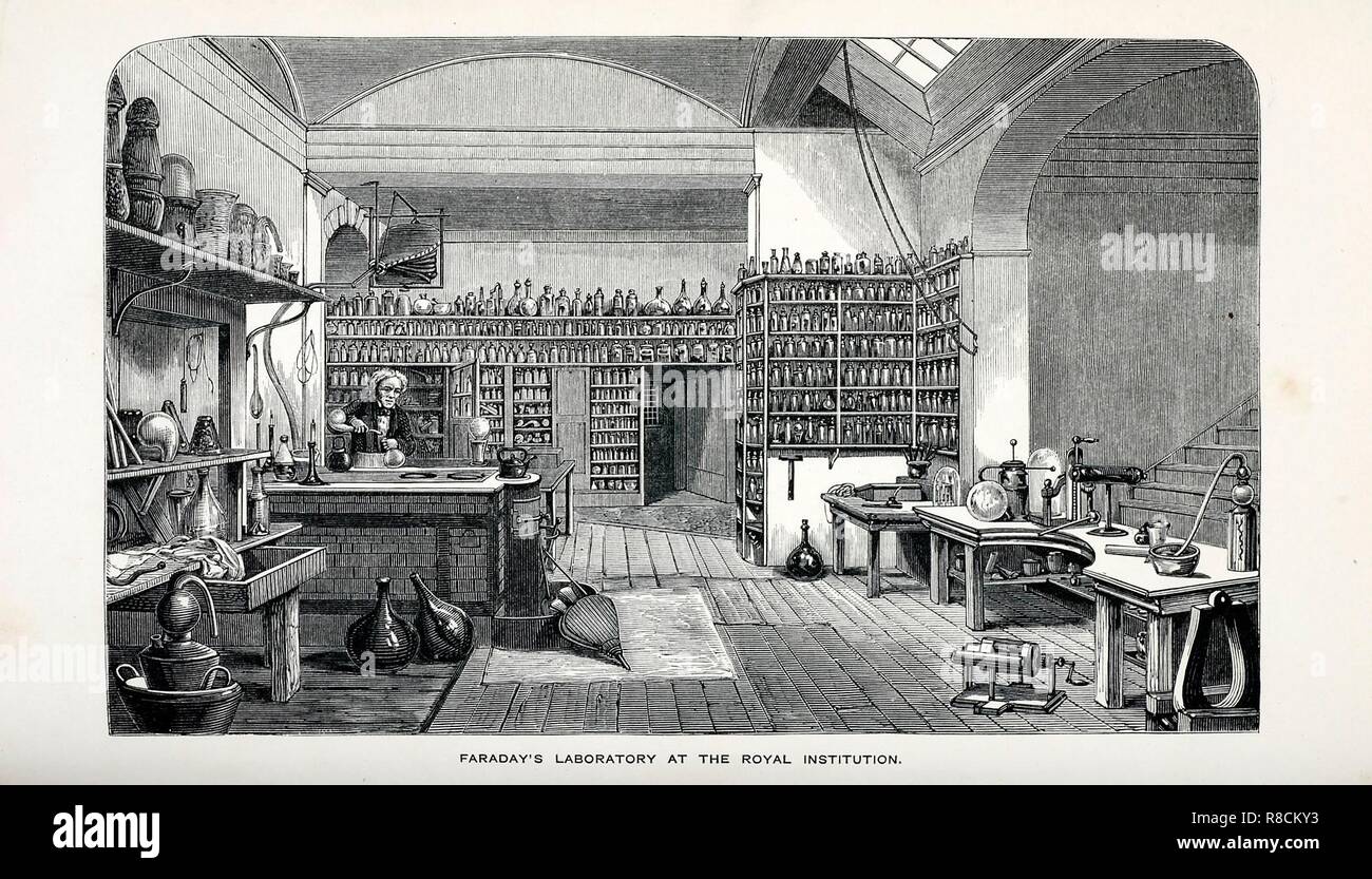 Faraday's Laboratory at the Royal Institution, pub. 1870. Creator ...