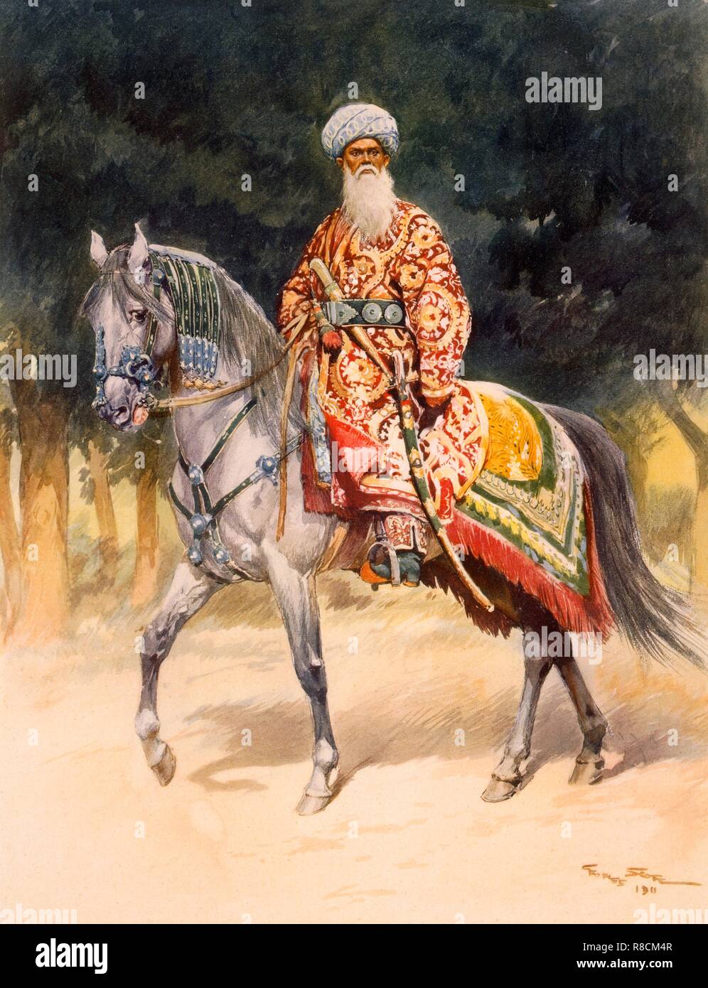 An armed warrior mounted on a Turkoman horse in traditional dress, pub ...