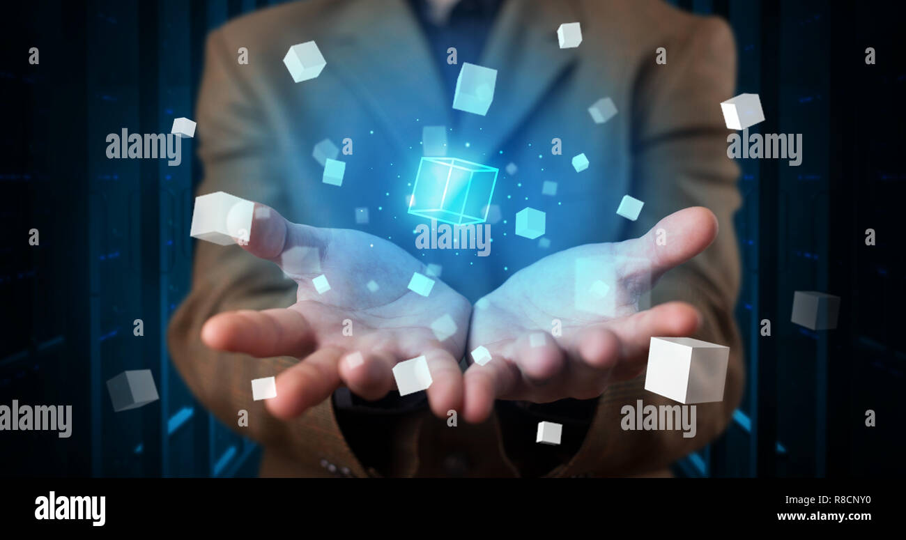 Person holding hologram projection displaying white cubes in server ...