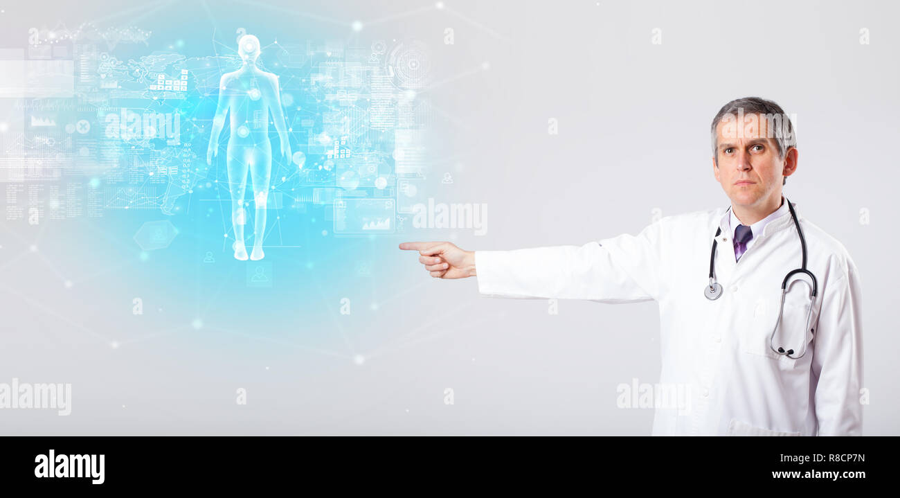 Middle aged scientist with full body map concept Stock Photo - Alamy