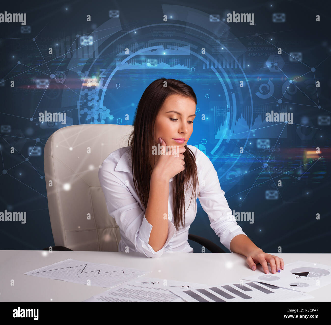 Manager in front of the office desk with connections and teamwork ...