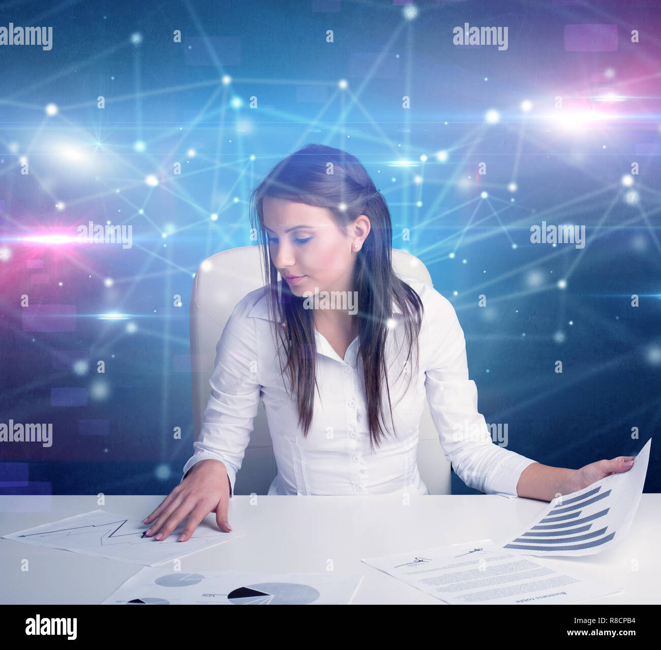 Manager in front of the office desk with networking concept Stock Photo ...