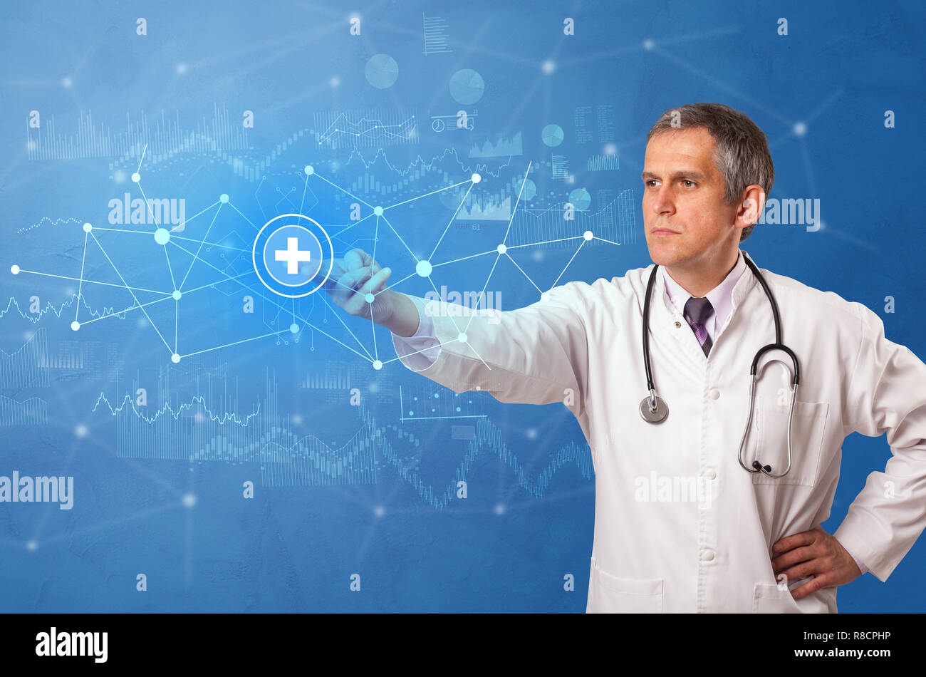 Doctor touching blue screen with virtual hospital concept Stock Photo ...