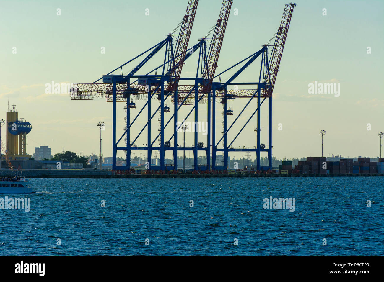 Odessa, Ukraine - August 8, 2018. Big working cranes for loading ...
