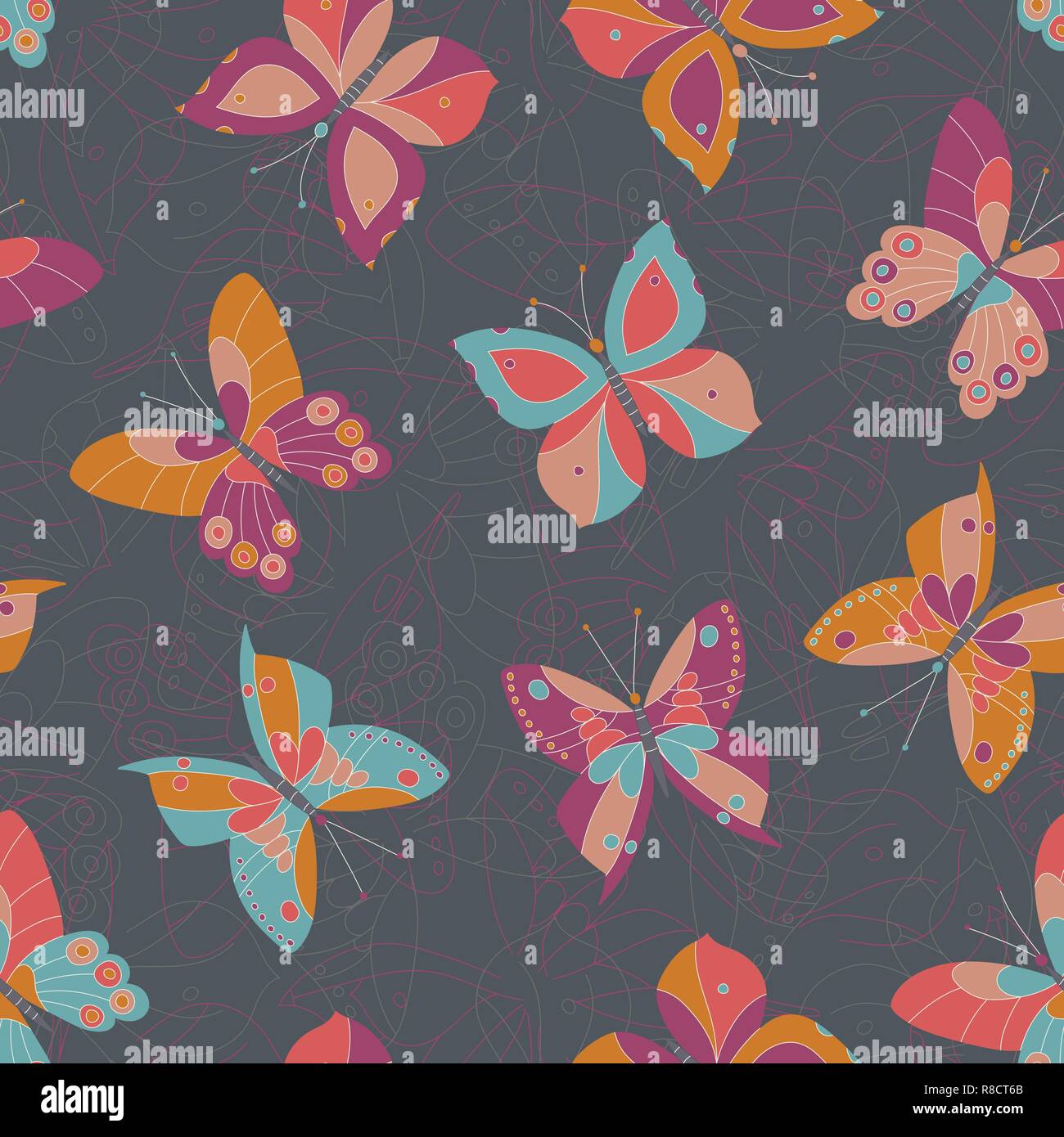 Abstract Colorful Butterflies on Dark grey Background Vector Seamless ...